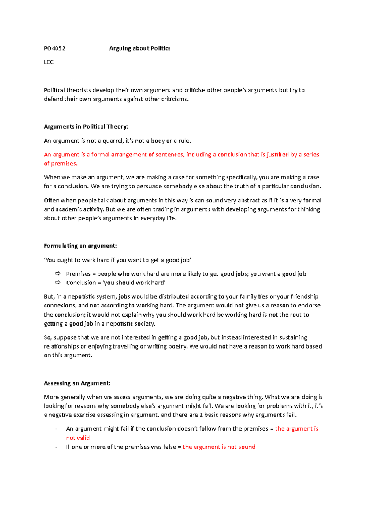 Arguing about Politics - PO4052 Arguing about Politics LEC Political ...
