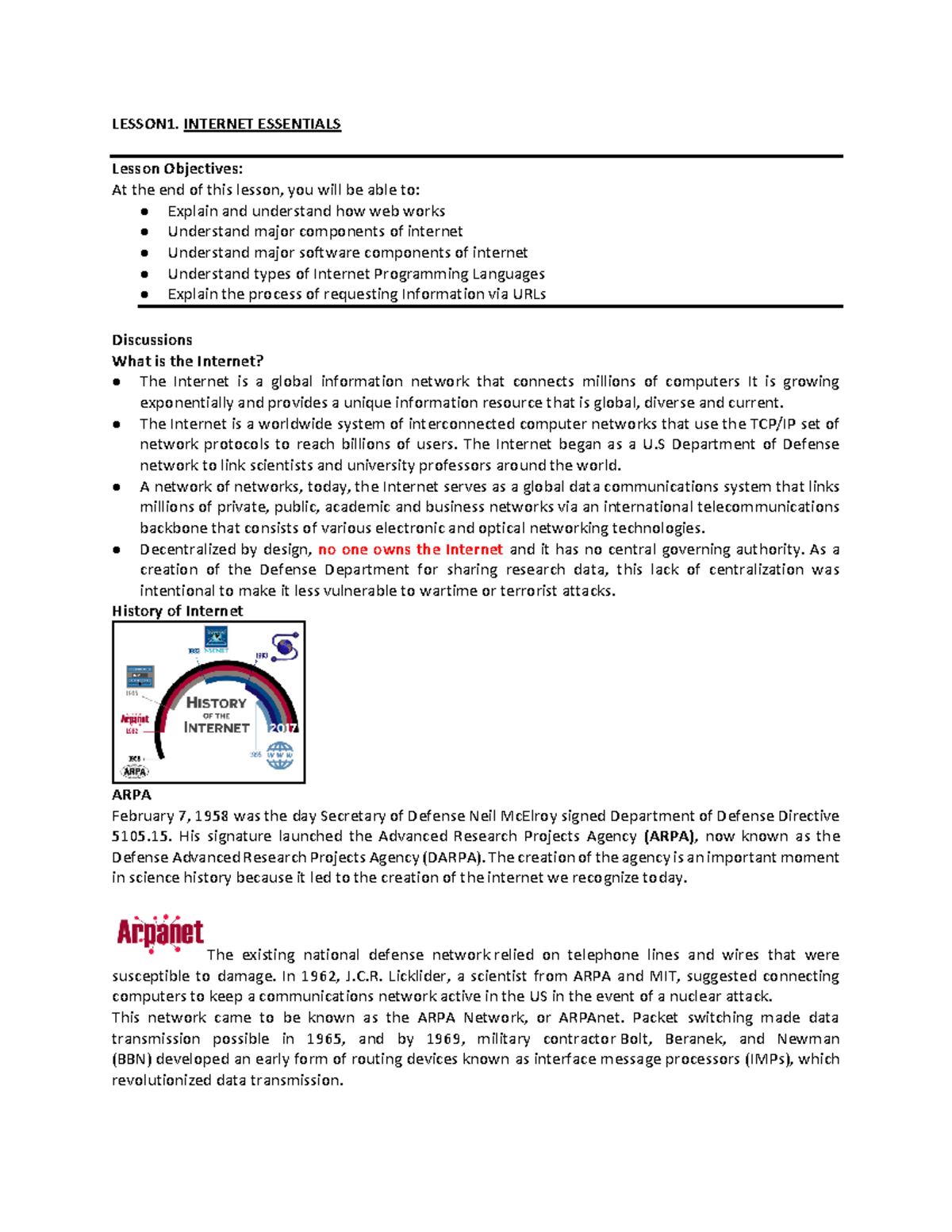 IT221lesson 1and2 - n/a - LESSON1. INTERNET ESSENTIALS Lesson Objectives: At the end of this ...