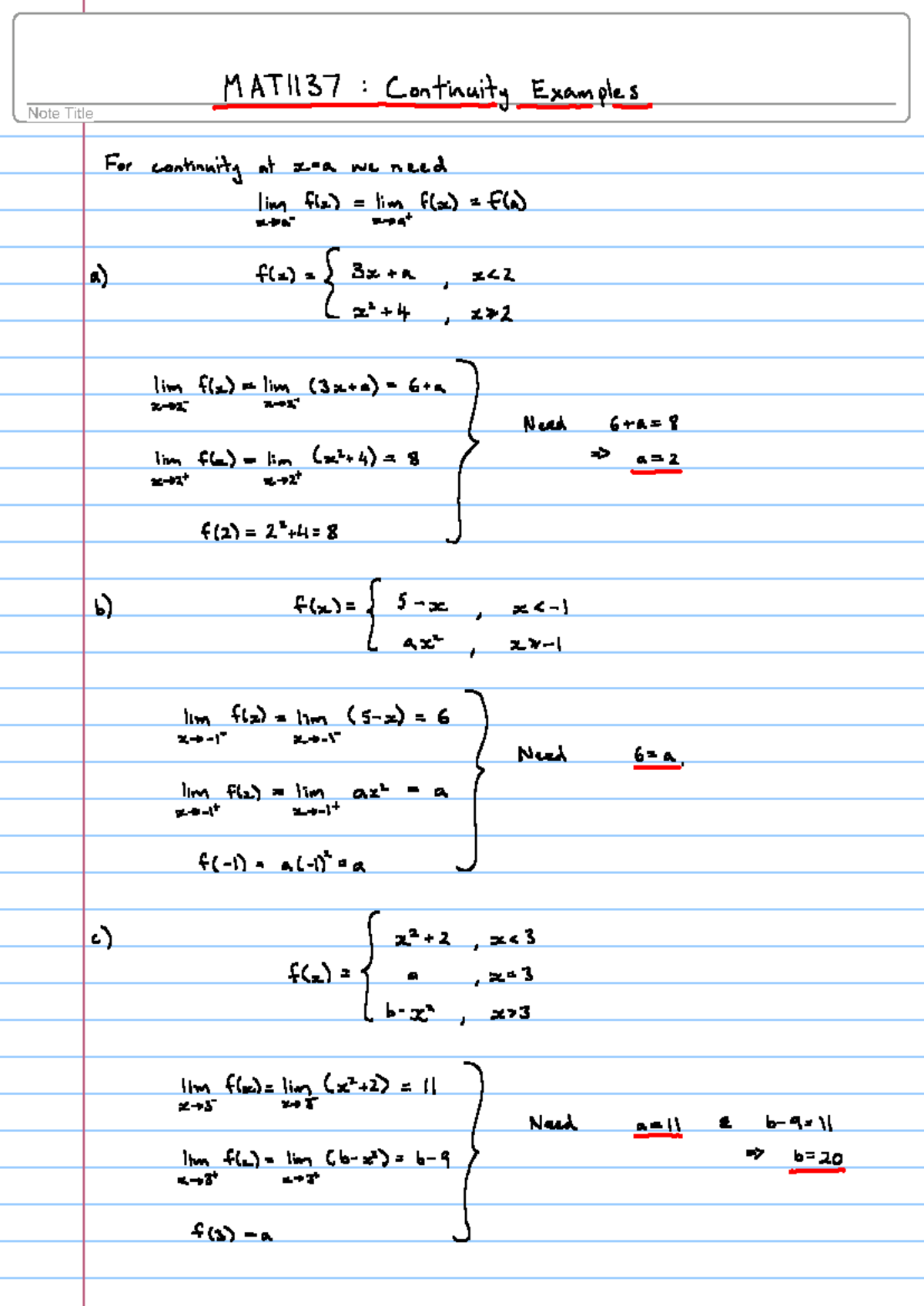 Continuity Examples Solutions - ...... M AT H 37 1 (— °n+'"w‘*a ...