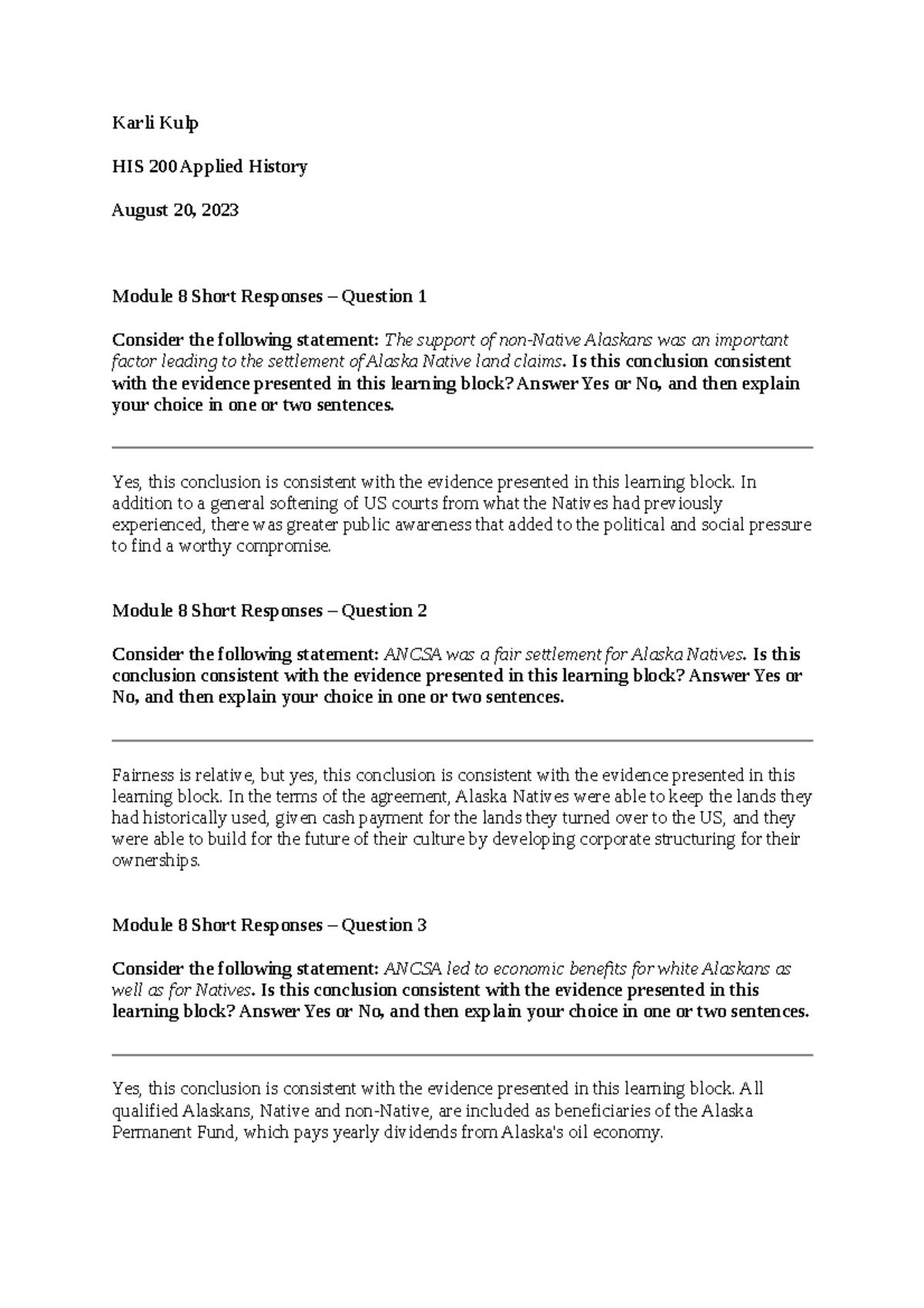 Karli Kulp HIS 200 Module 8 Short Responses - Karli Kulp HIS 200 ...