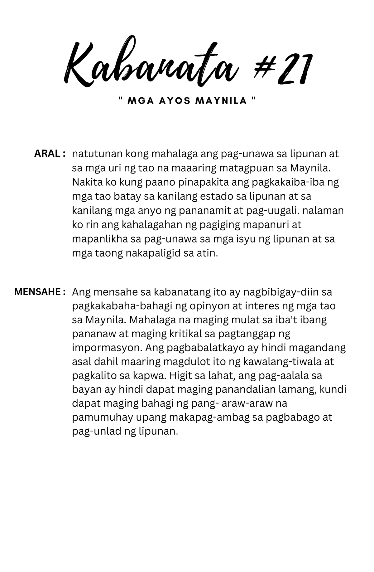 Kabanata 21-39 by clamor - " M G A A Y O S M A Y N I L A " ARAL ...