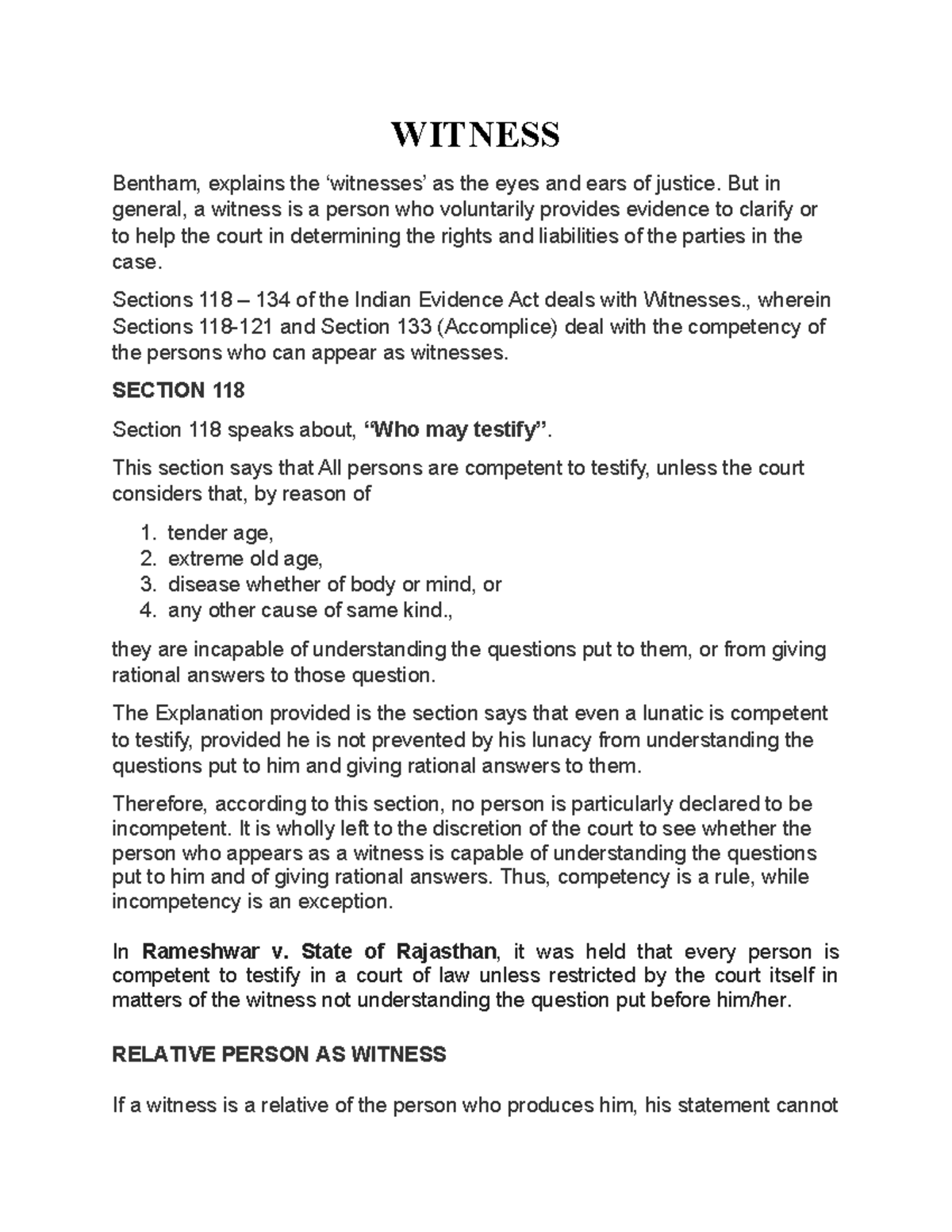 Witness - Evidence law - WITNESS Bentham, explains the ‘witnesses’ as ...