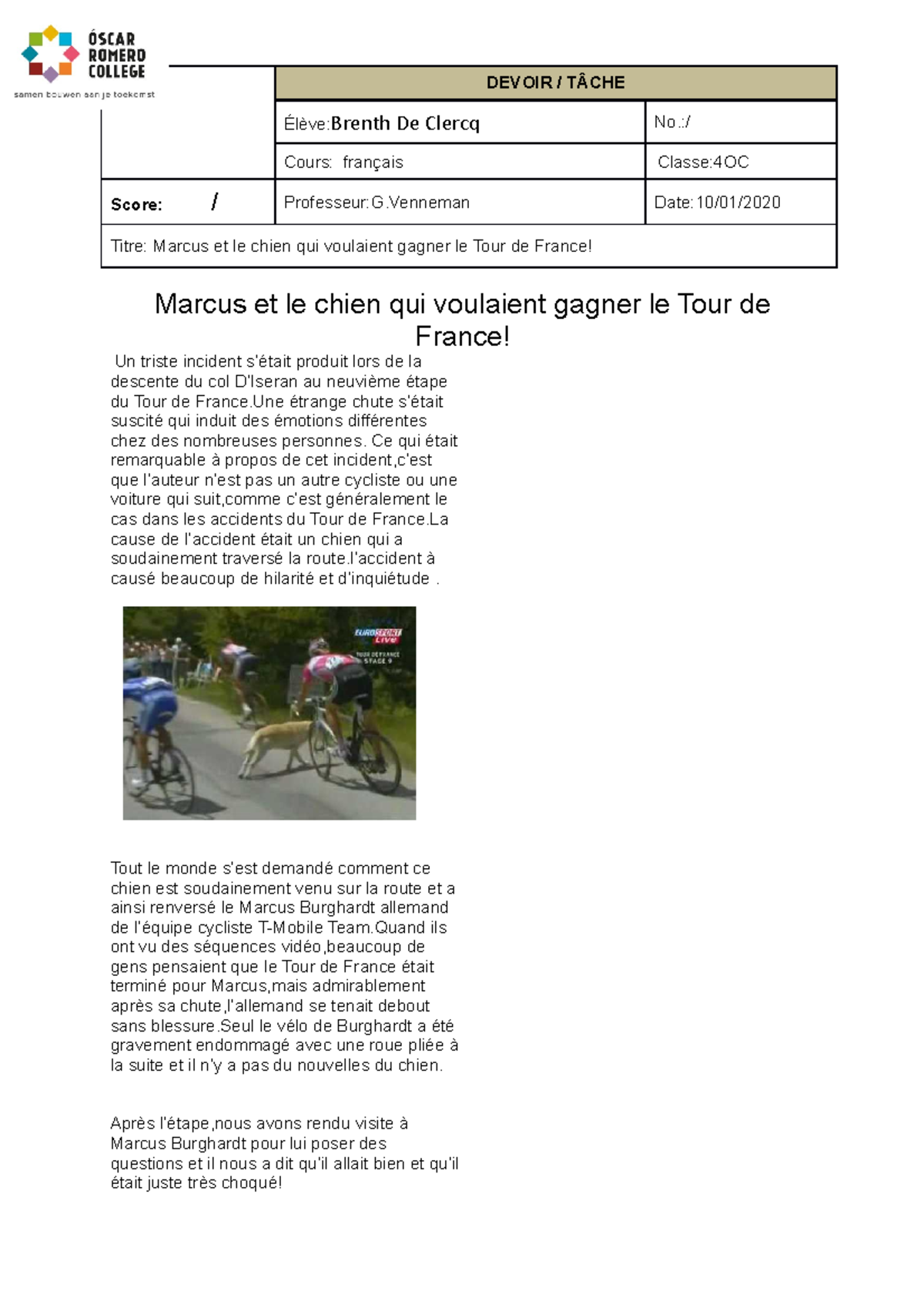 Sjabloon takenblad Frans - DEVOIR / TÂCHE Élève:Brenth De Clercq No ...