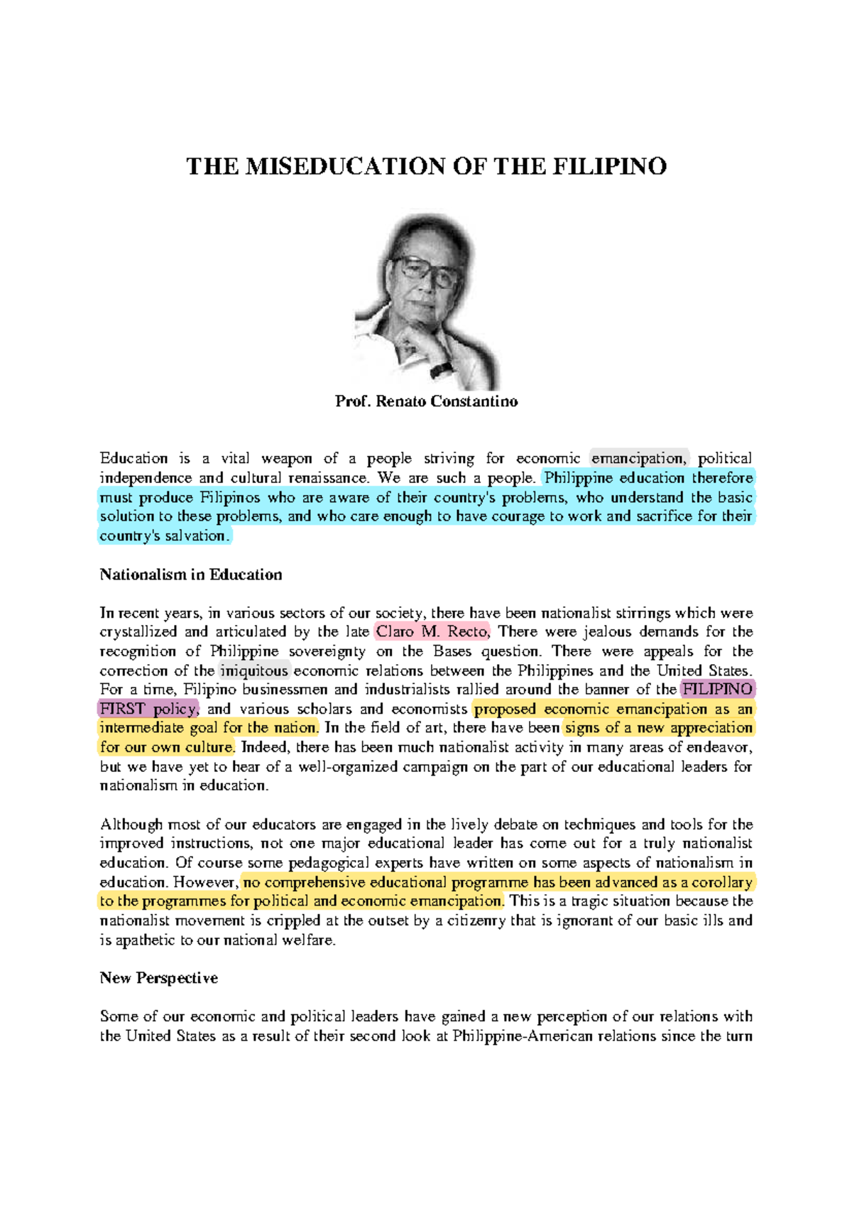 Annotated version of The Mis-education of the Filipino by Renato Constantino - THE MISEDUCATION ...