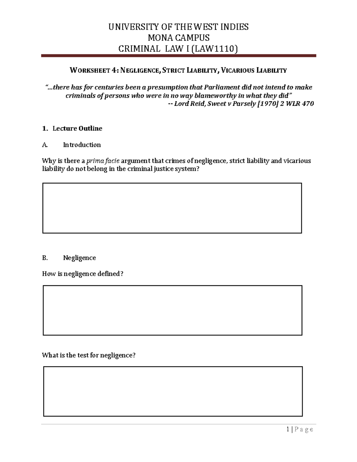 Criminal Law I Worksheet 4 - Negligence Strict Liability Vicarious ...