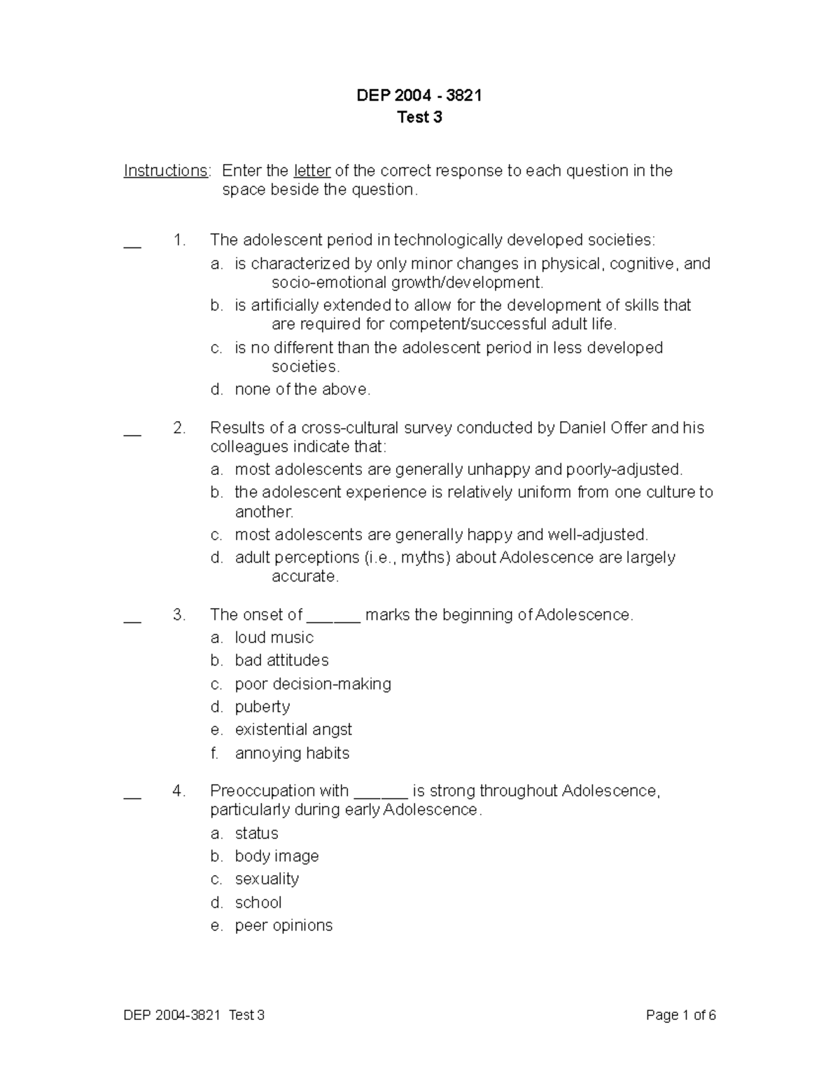 DEP 2004 3821 Test 3 - Human growth and development test answered - DEP ...