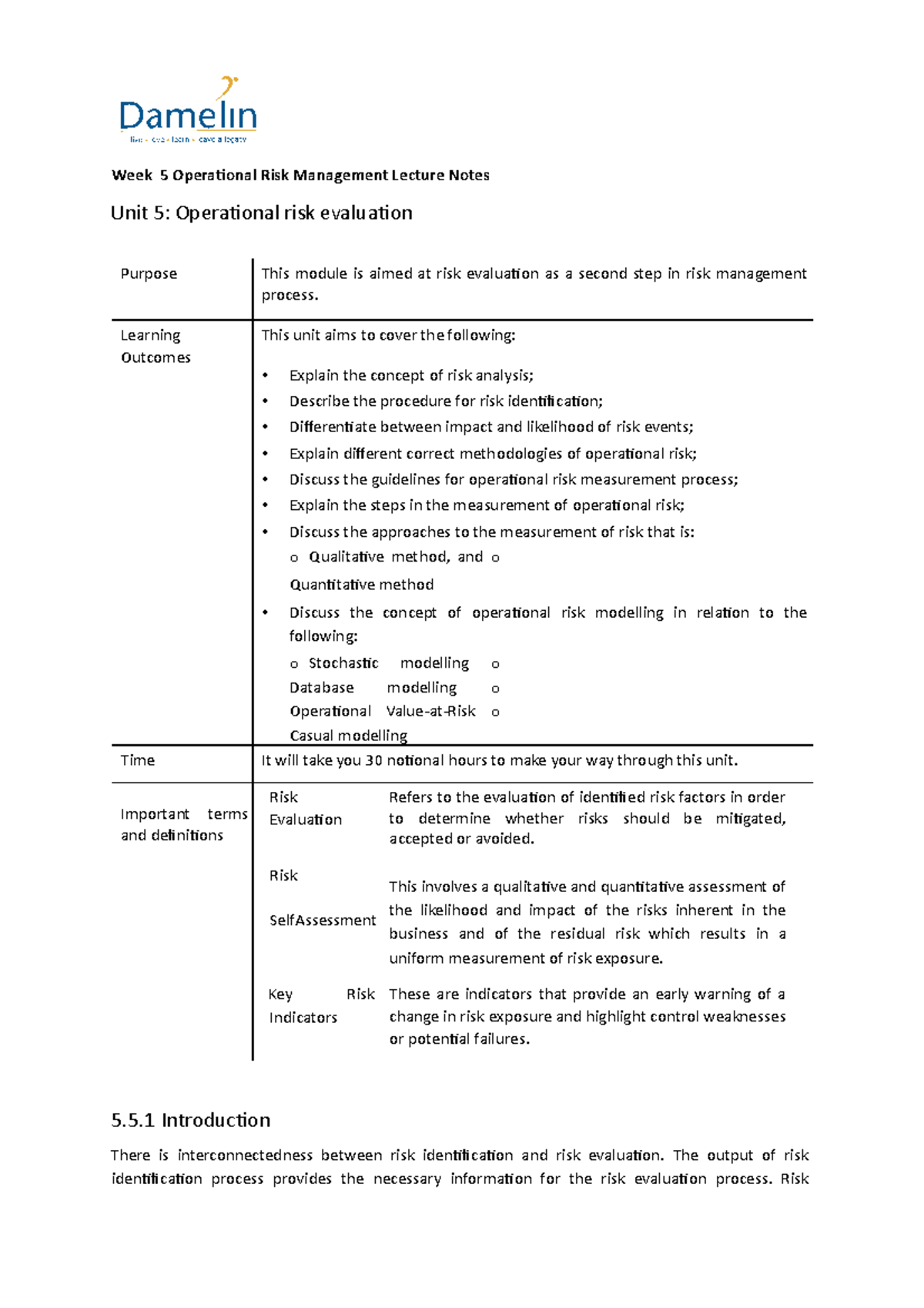 Operational risk evaluation - Week 5 Operational Risk Management ...