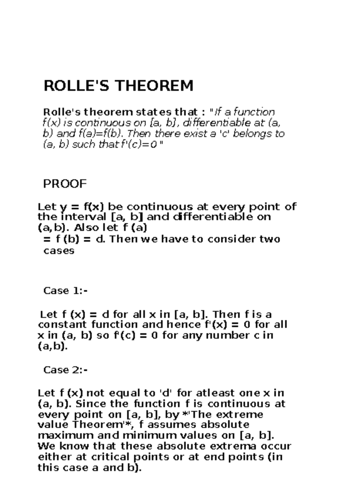 Rolles theorem - ROLLE'S THEOREM Rolle's theorem states that : "If a ...
