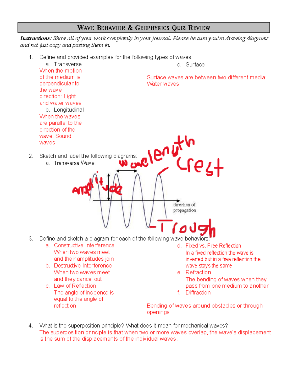 Wave Behavior & Geophysics Quiz review done - Instructions: Show all of ...