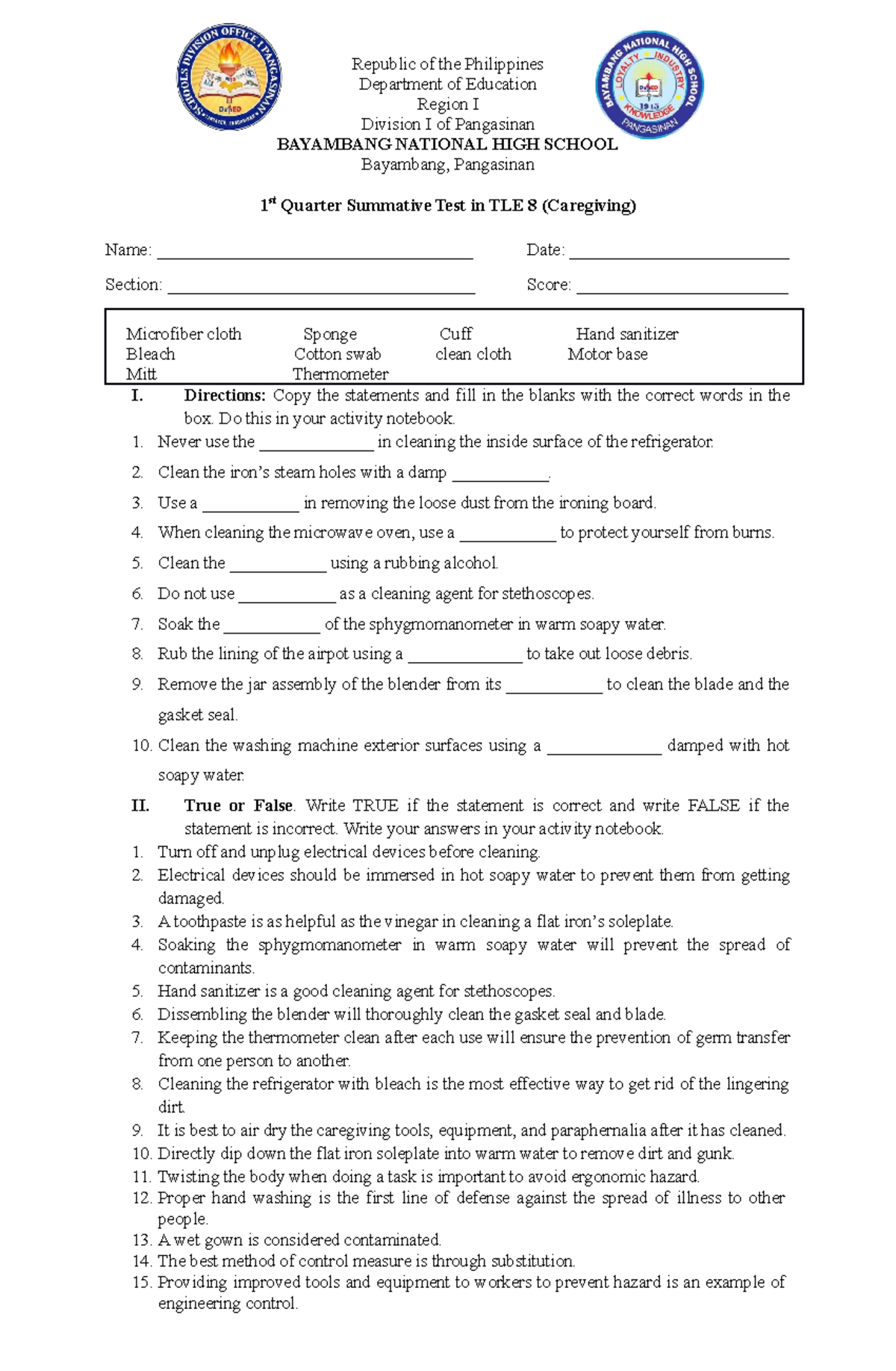 1st Quarter (Summative TLE) - Republic of the Philippines Department of ...