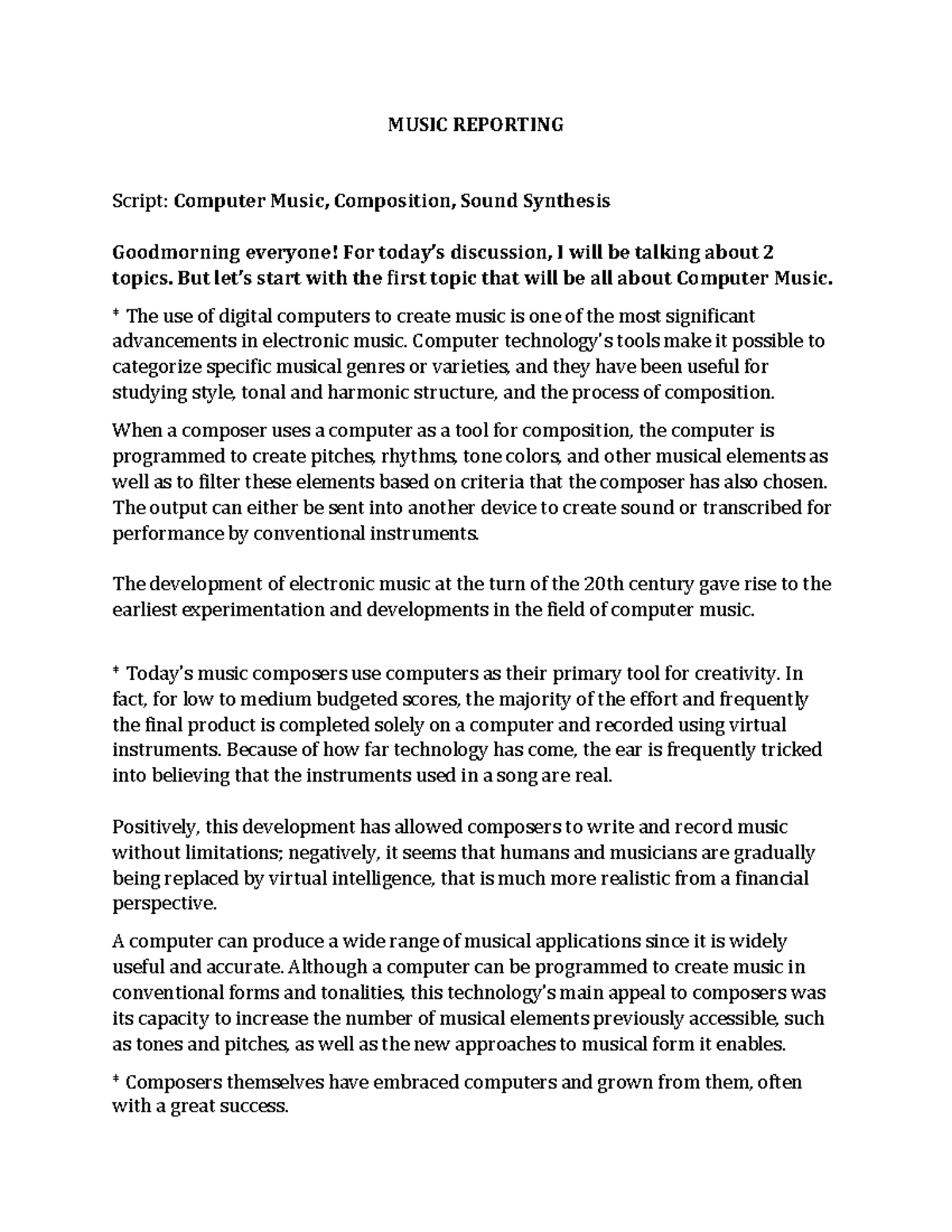 Electronic Music - MUSIC REPORTING Script: Computer Music, Composition ...