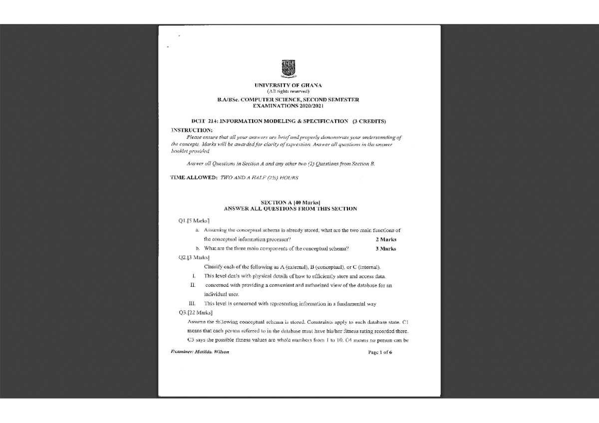 DCIT 214 Information Modelling & Specification - UNIVERSITY OF GHANA (All rights reserved ...