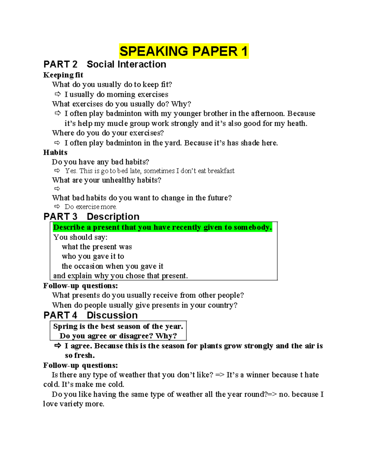 Speaking Paper 1 - SPEAKING PAPER 1 PART 2 Social Interaction Keeping ...