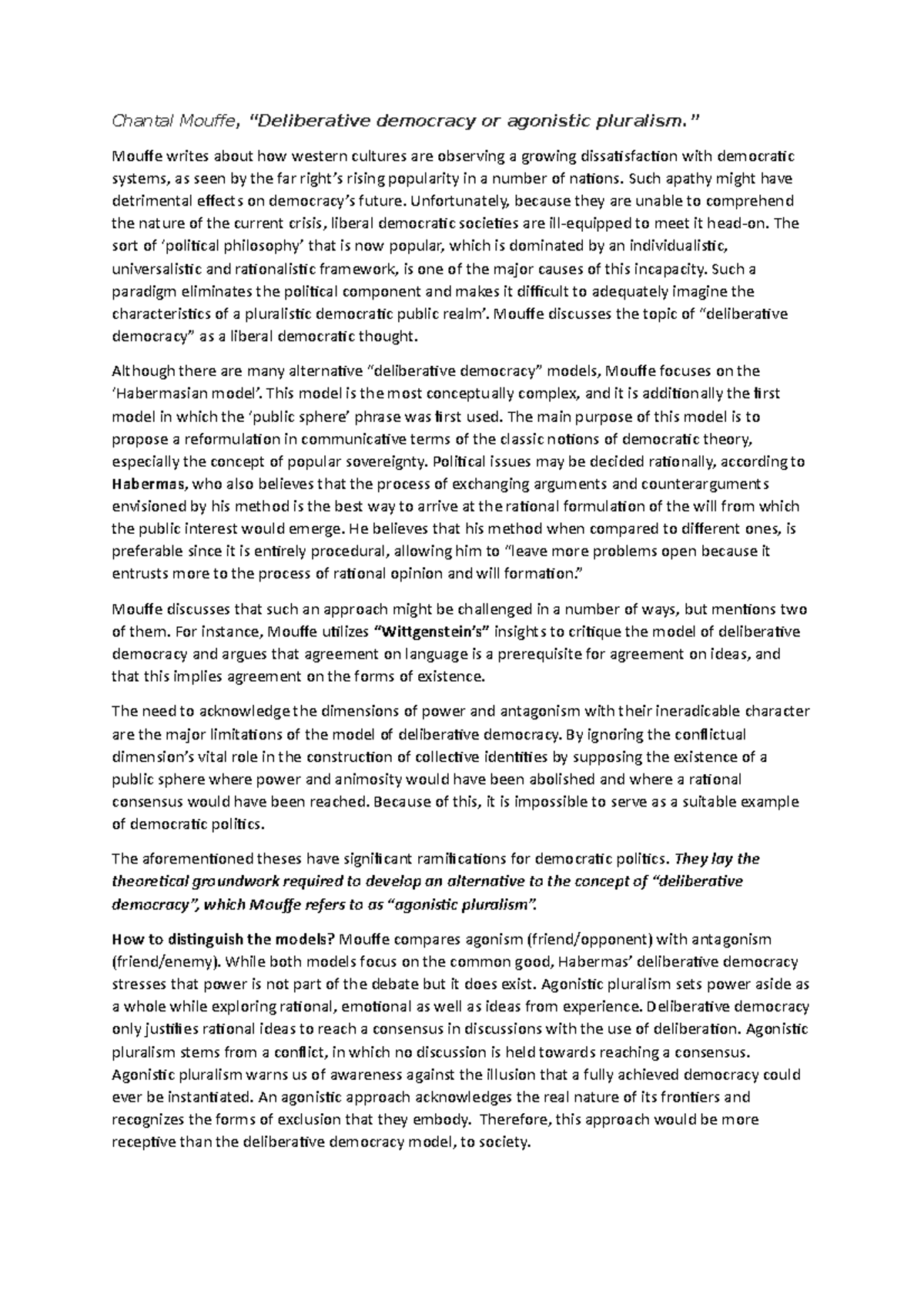 Deliberative Democracy vs Agonistic Pluralism - Chantal Mouffe ...