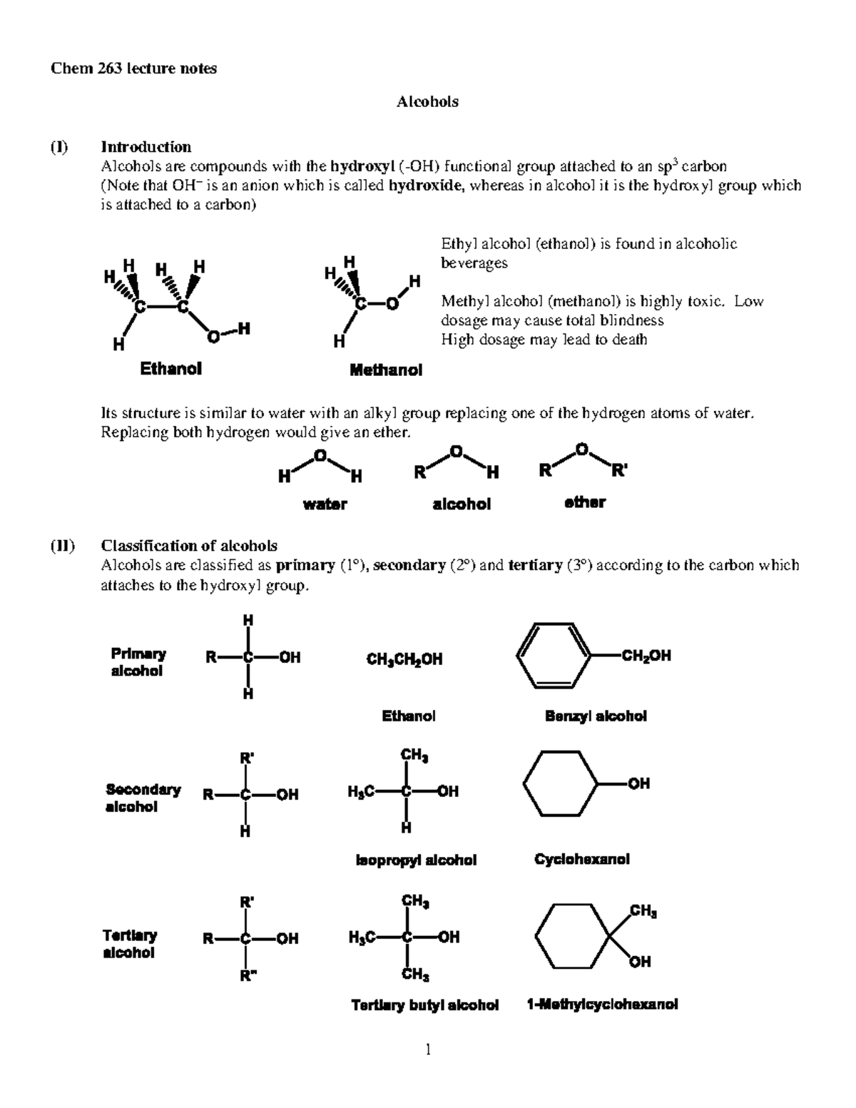 Alcohols - Chem 263 lecture notes Alcohols (I) Introduction Alcohols ...