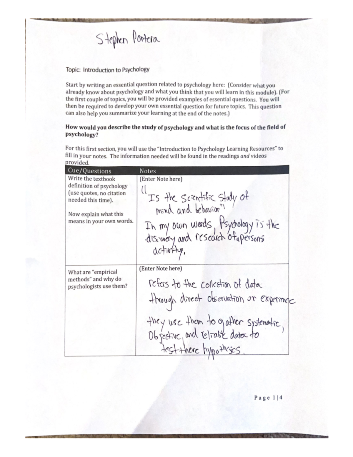 Module 1 intro to Psy Notes Portera Stephen - ENG 151 - Studocu
