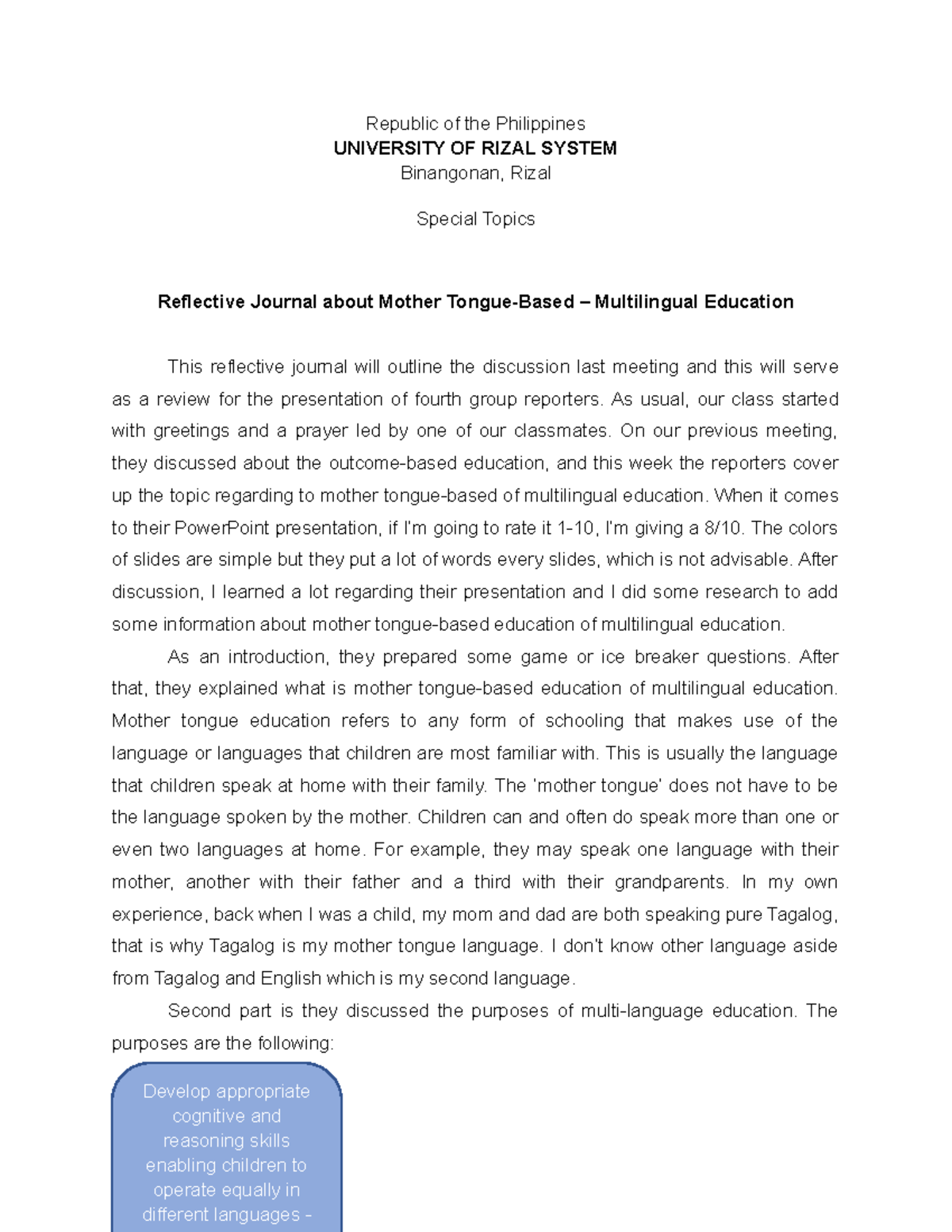 Reflective Journal about Mother Tongue-Based – Multilingual Education ...