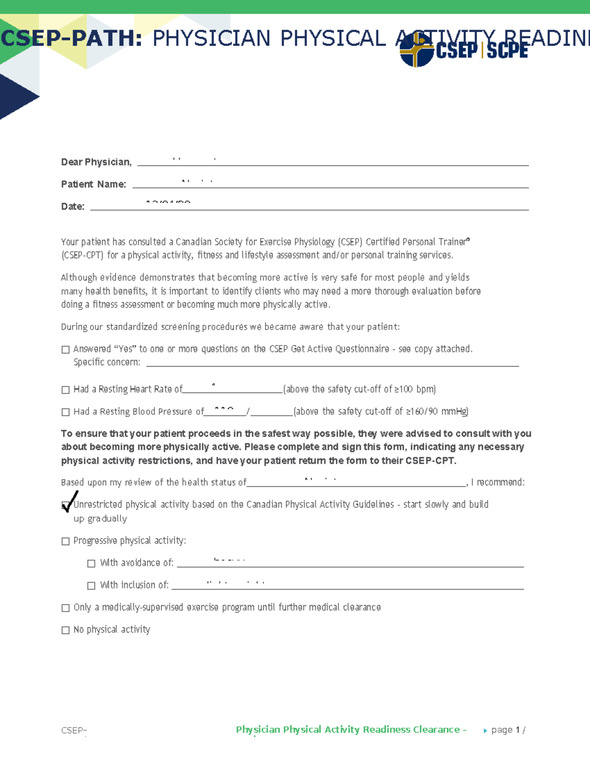 Tool 6 - C SEP- P ATH® Physician Physical Activity Readiness Clearance ...