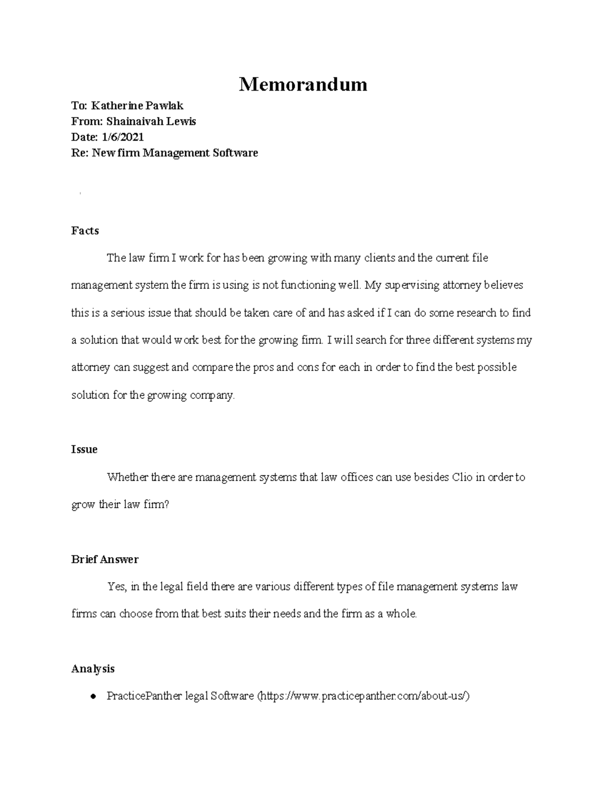 New Firm Management Software Memorandum - Memorandum To: Katherine ...