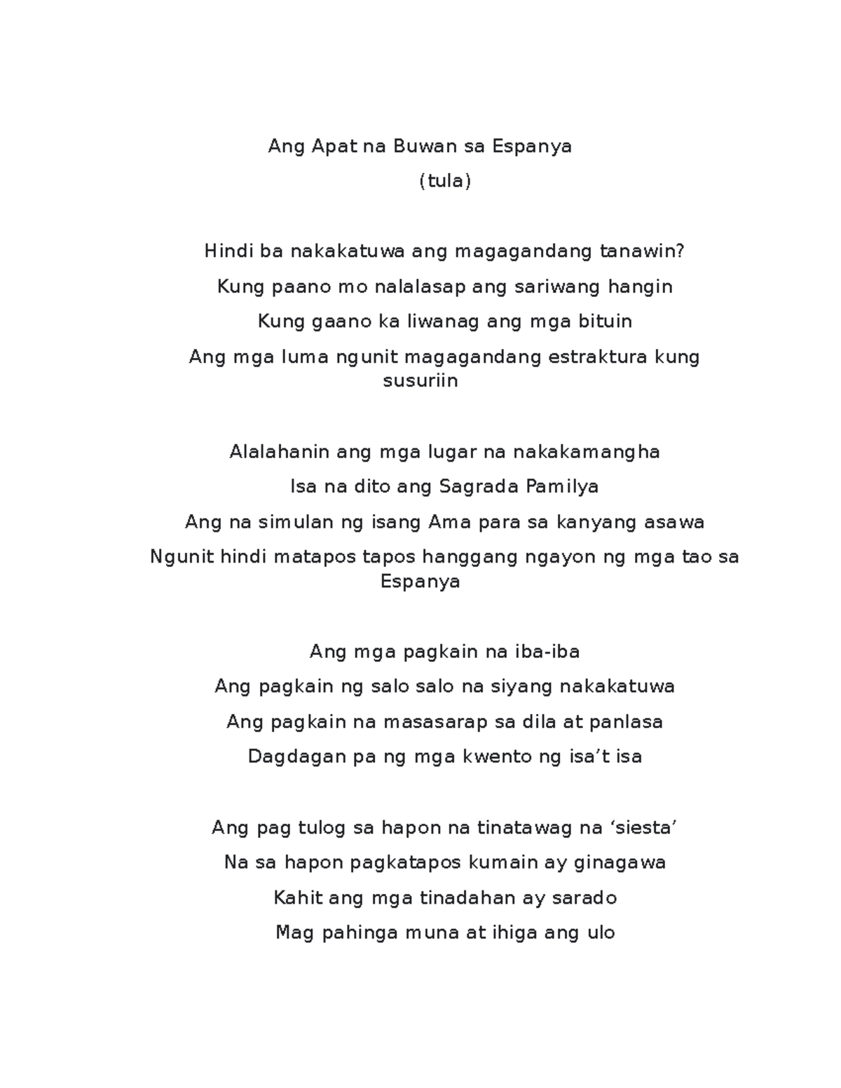 Ang Apat na Buwan sa Espanya TULA - Ang Apat na Buwan sa Espanya (tula ...