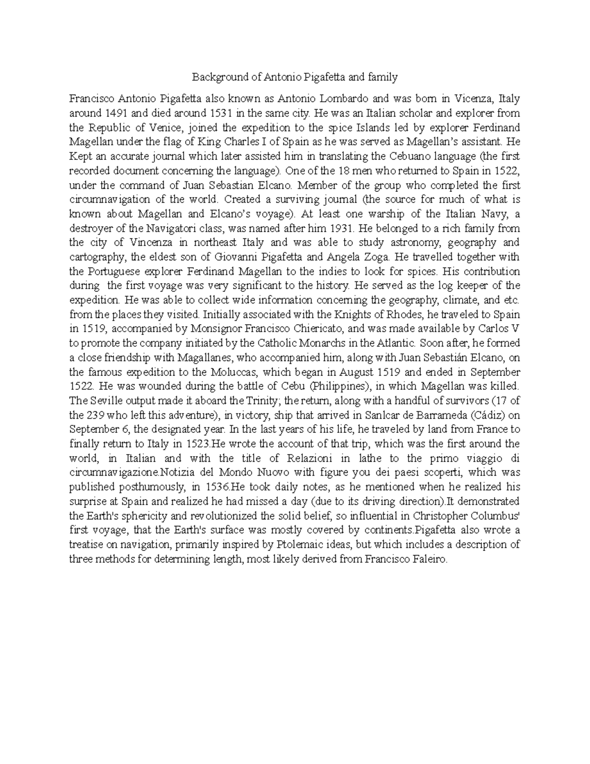 Background of Antonio Pigafetta and family - Background of Antonio ...