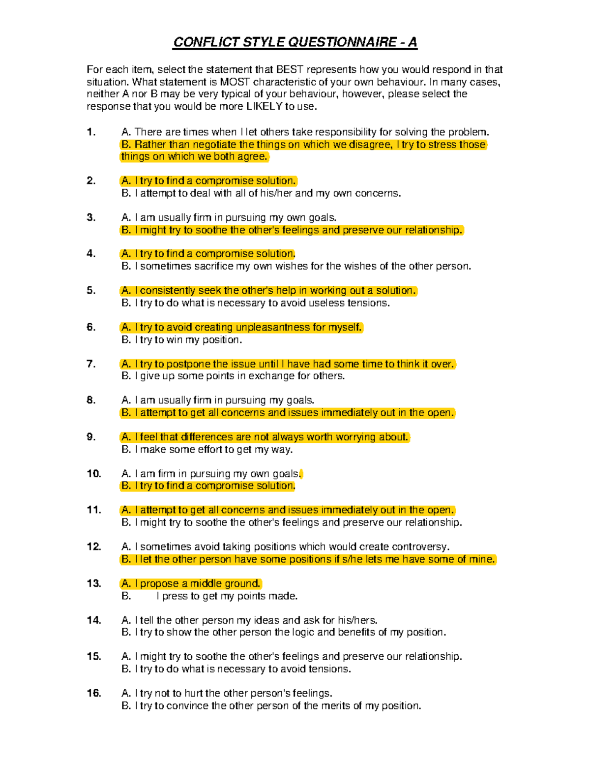 Cmsqa - Assessment - CONFLICT STYLE QUESTIONNAIRE - A For each item ...
