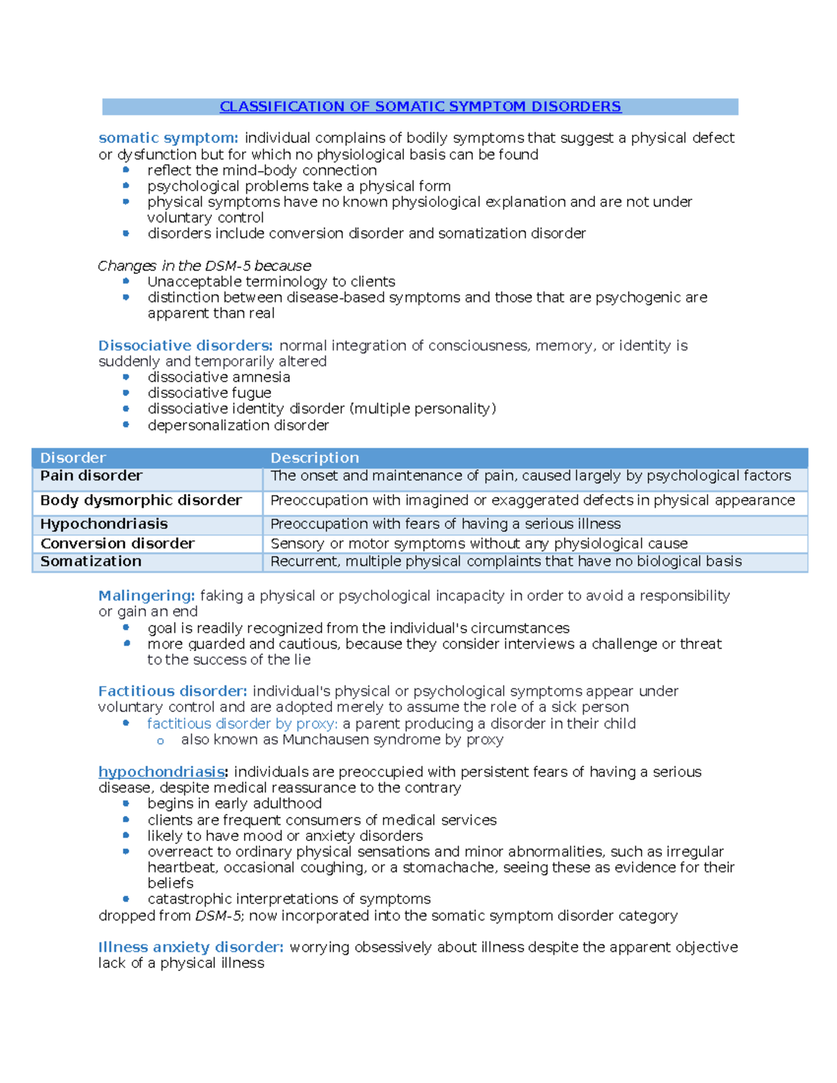 Somatic Symptom Disorders - CLASSIFICATION OF SOMATIC SYMPTOM DISORDERS ...