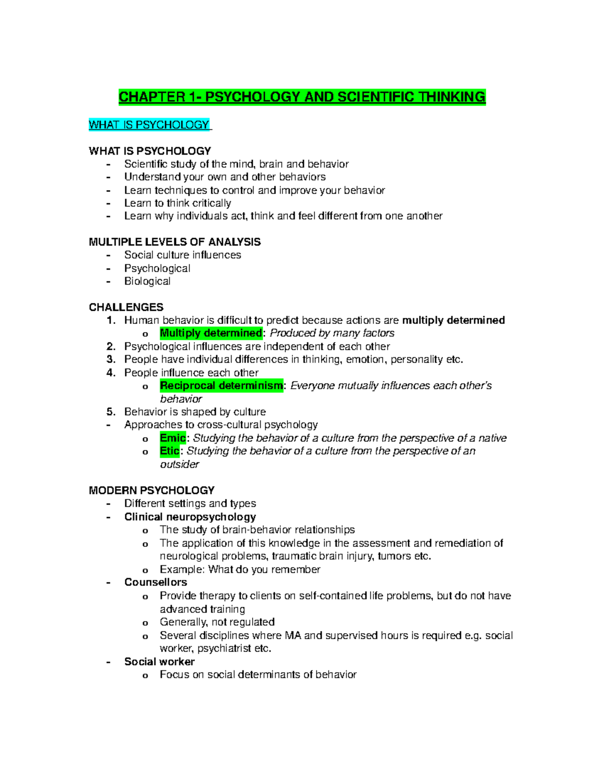 PSY102 Test 1 Notes - tisha ornstein - CHAPTER 1- PSYCHOLOGY AND ...