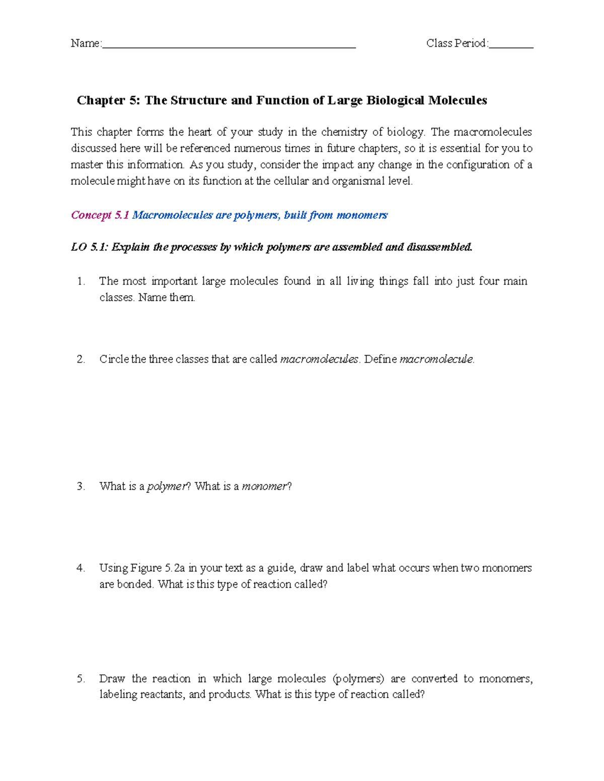 Chapter 5 - work - Name: Class Period: Chapter 5: The Structure and ...