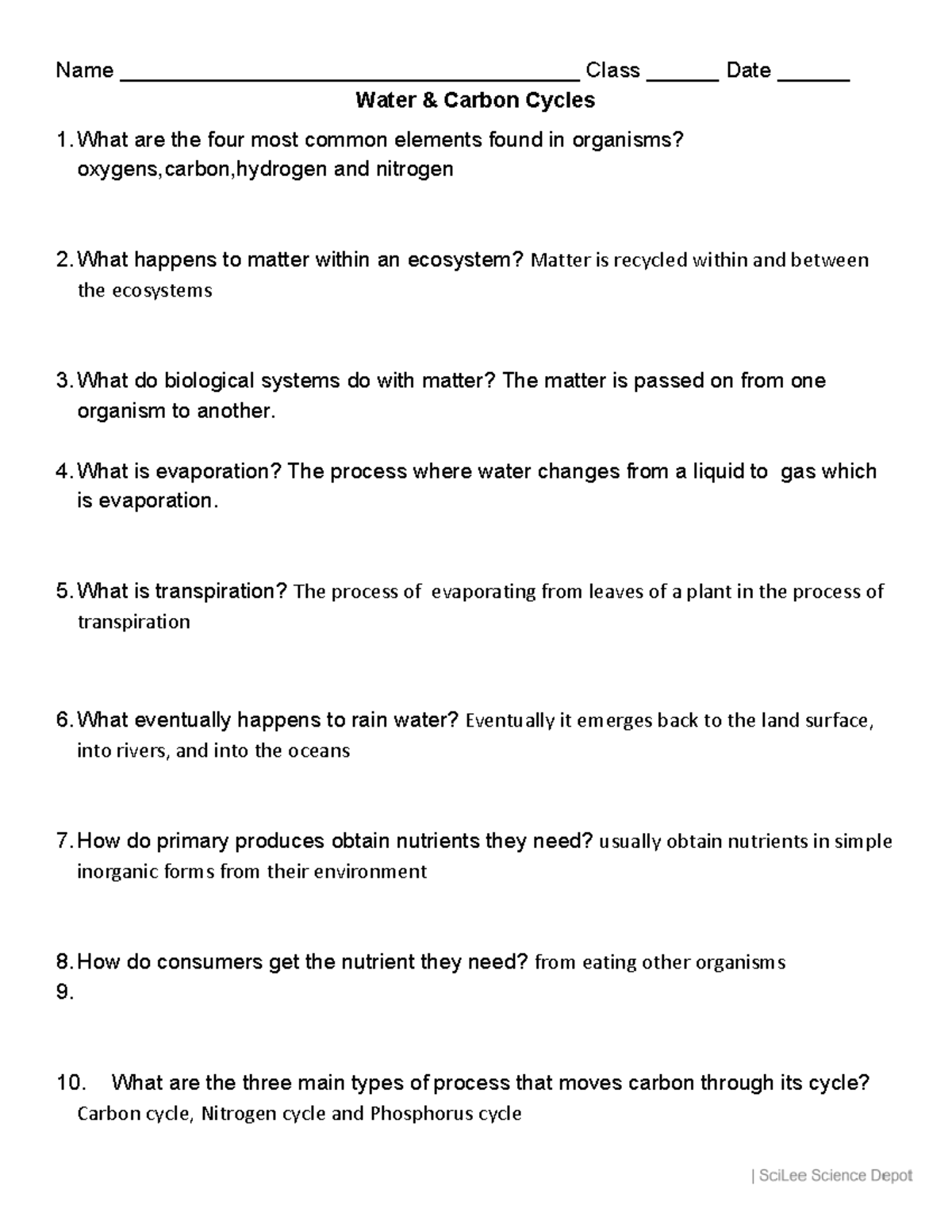 Copy of Water and Carbon Cycles Worksheet - Name ...