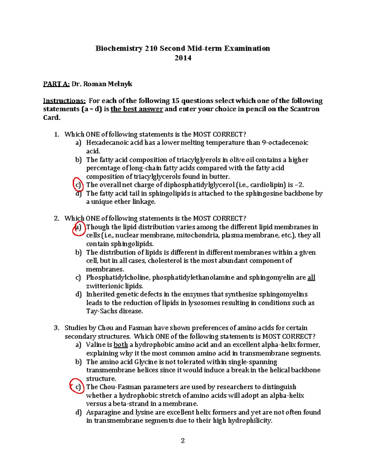 BCH210HFall 2014 Term Test 2 - Biochemistry 210 Second Mid-term ...