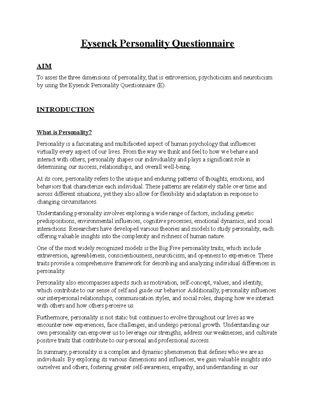 Eysenck Personality Questionnaire Practical 4 - Eysenck Personality ...