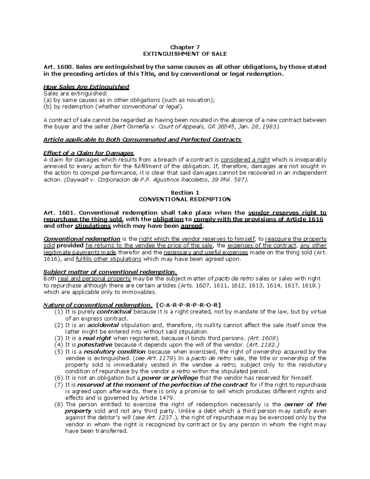 Pdfcoffee - guidance - Chapter 7 EXTINGUISHMENT OF SALE Art. 1600. Sales are extinguished by the ...