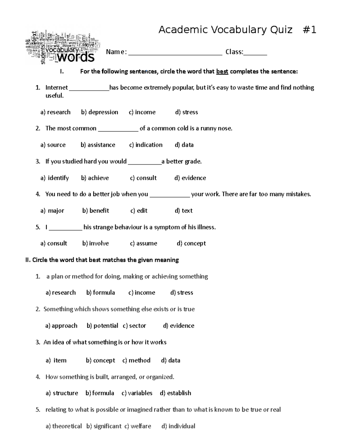 Academic Vocabulary Quiz 1 - Academic Vocabulary Quiz Name ...