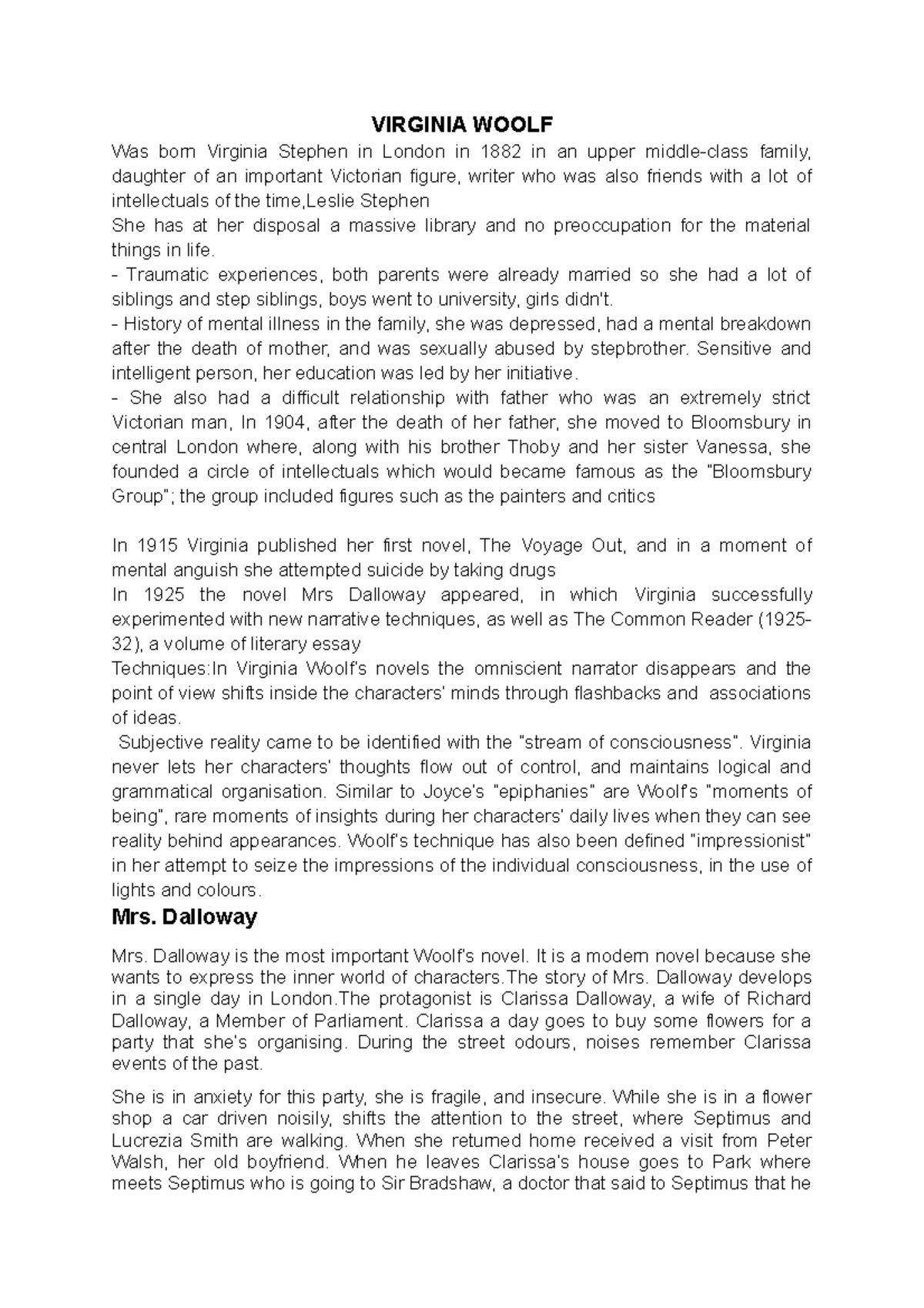 Virginia Woolf - Appunti per esame di maturità,voto 100/100 - VIRGINIA ...