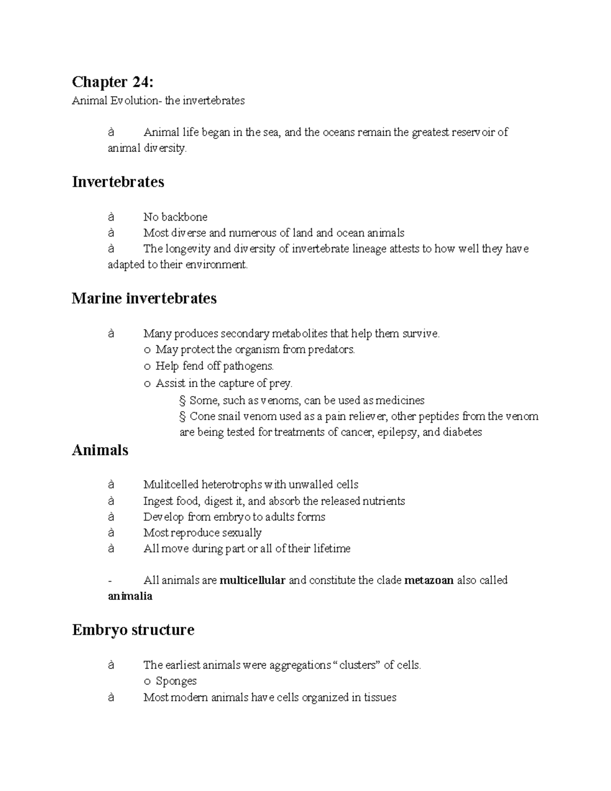 Biology Chapter 24 - Chapter 24: Animal Evolution- the invertebrates à ...
