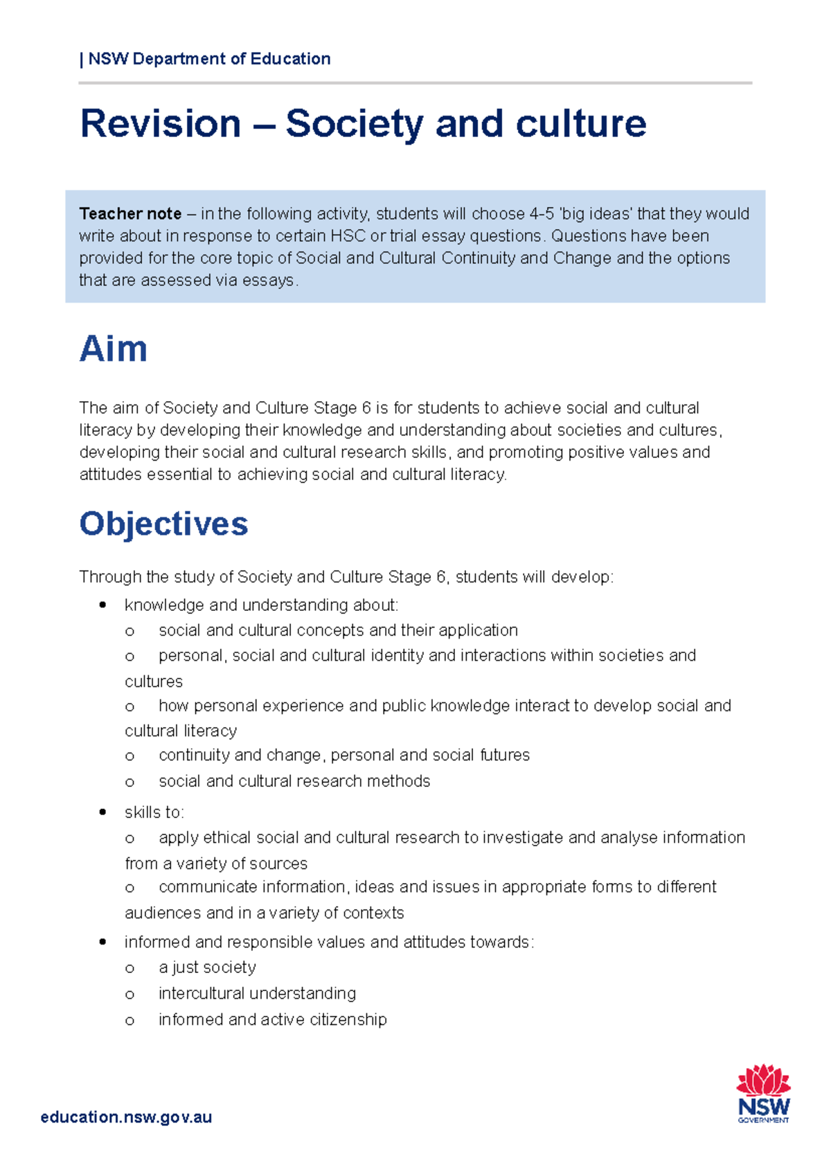 Hsie s6 society and culture hsc revision - | NSW Department of ...