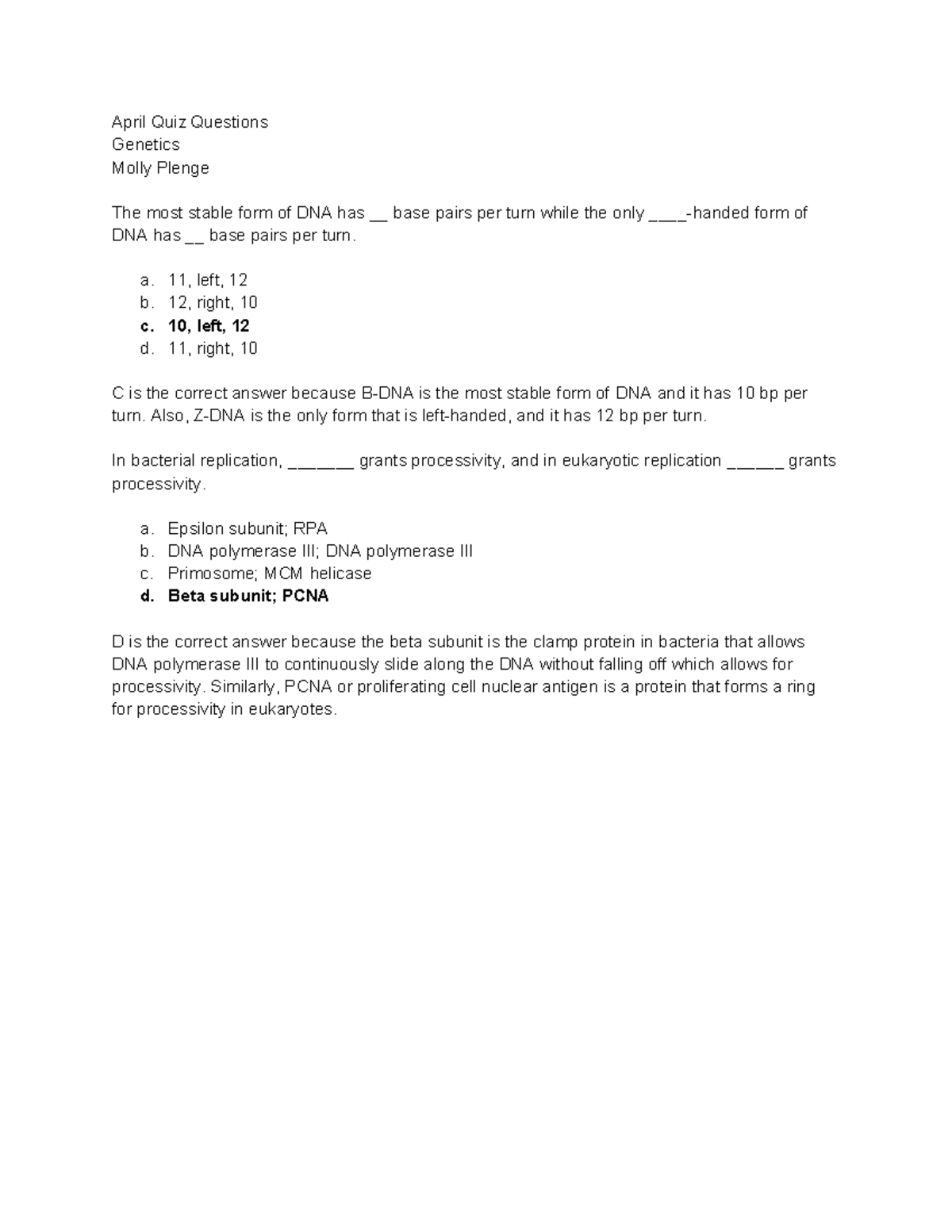 Genetics Quiz Questions - April Quiz Questions Genetics Molly Plenge ...