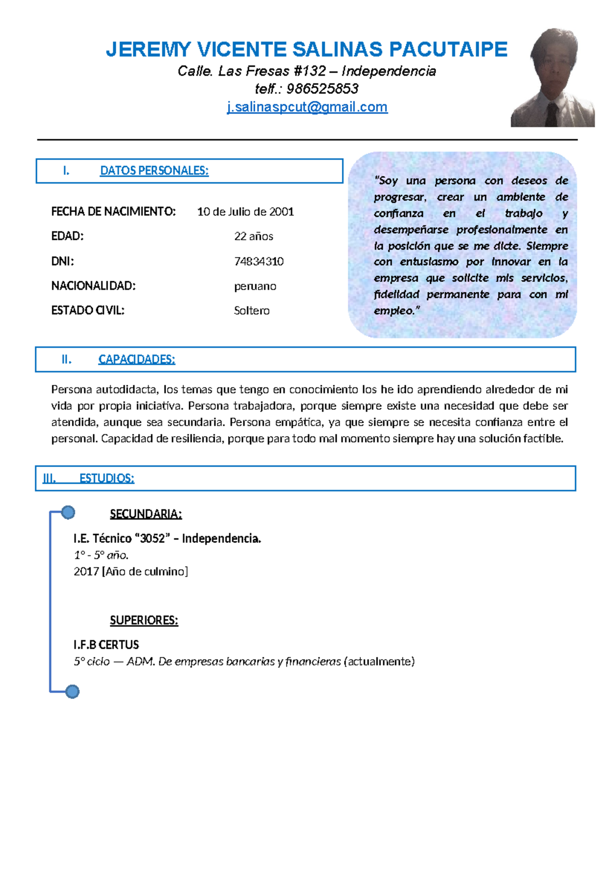 Jeremy cv - CV DE UN ESTUDIANTE. - JEREMY VICENTE SALINAS PACUTAIPE ...