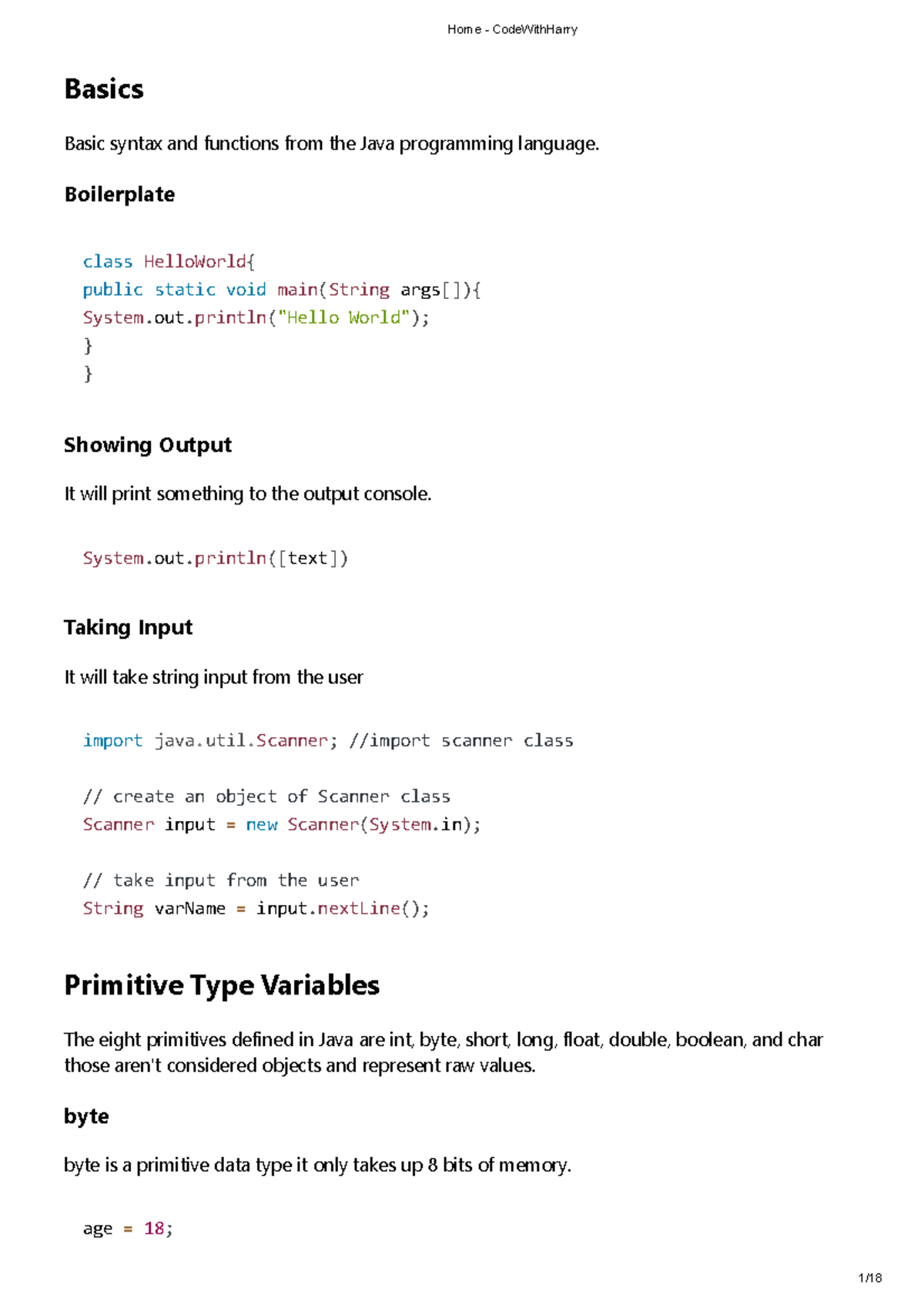 Java Cheatsheet Code With Harry Practicals - Basics Basic syntax and ...