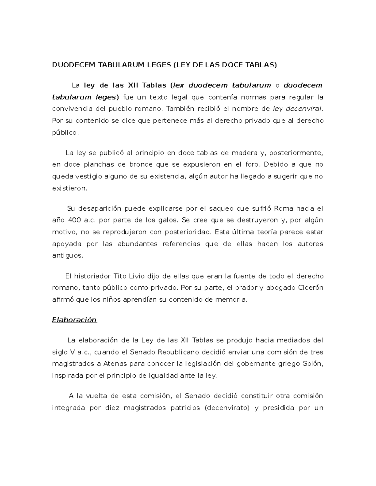 Historia de las doce tablas - DUODECEM TABULARUM LEGES (LEY DE LAS DOCE ...