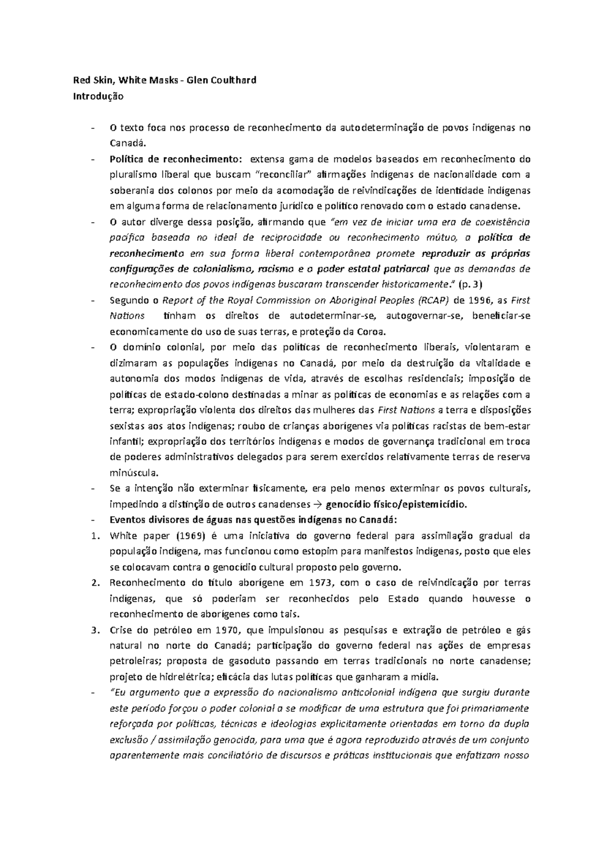 Aula 6 - Resumo - Red Skin, White Masks - Glen Coulthard - Red Skin ...