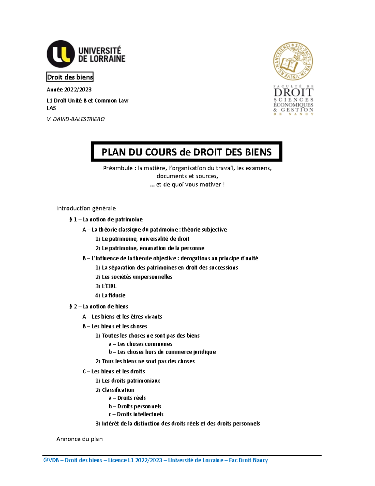 Plan cours-Biens 2023 - Plan de cours - ©VDB – Droit des biens – Licence L1 2022 /202 3 ...