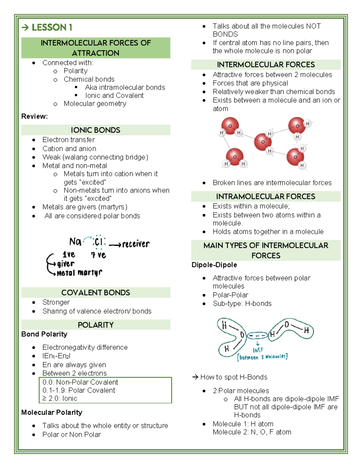 Chemistry 3rd Quarter Notes - Lesson 1 IntermoLecuLar forces of ...