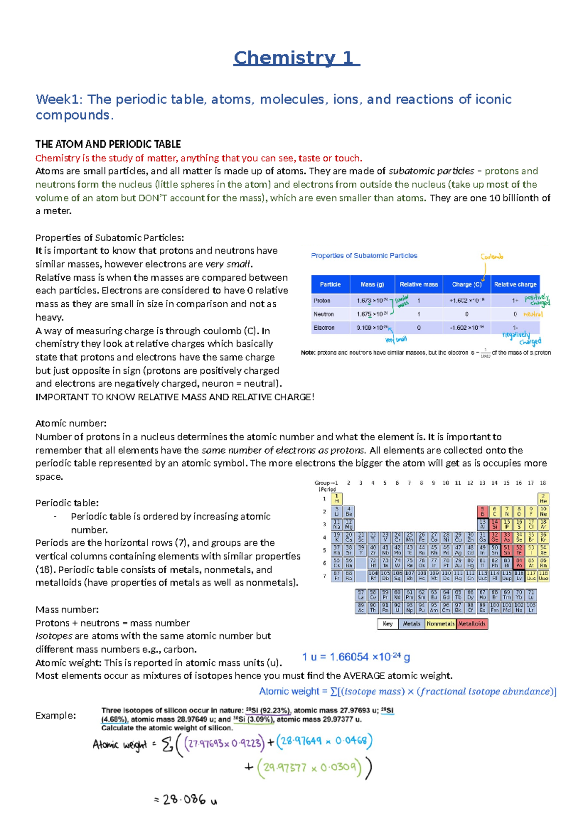 Chemistry 1 - Chemistry 1 Week1: The periodic table, atoms, molecules ...