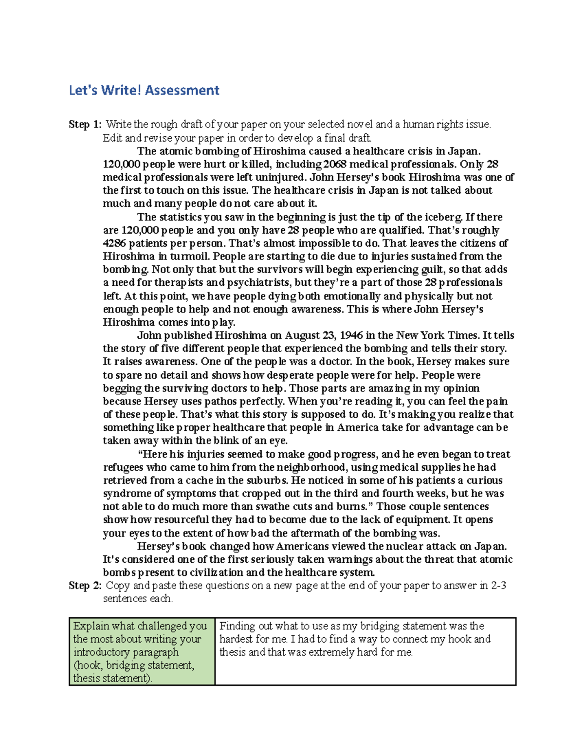 Write Assess Rubric - Segment 2 - Let's Write! Assessment Step 1: Write ...