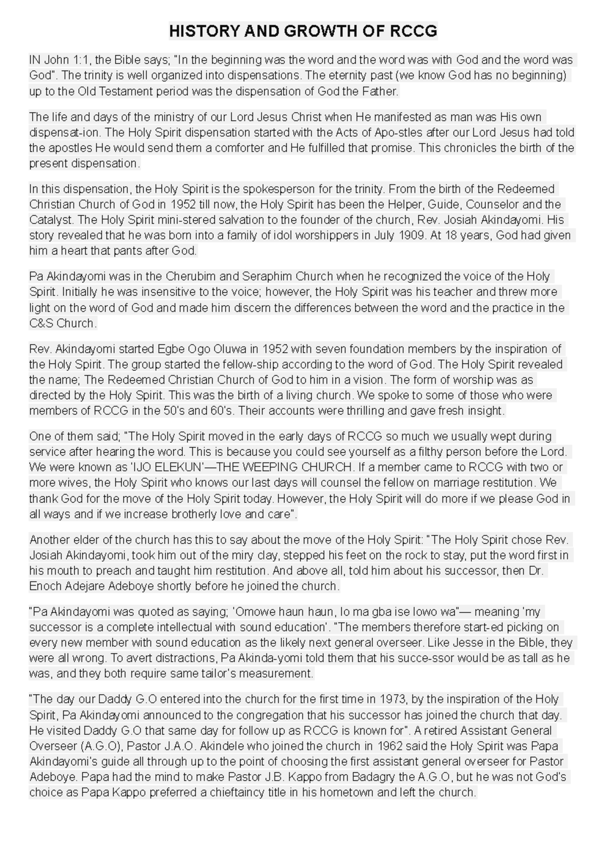 History AND Growth OF RCCG This report is for a Final year project for ...