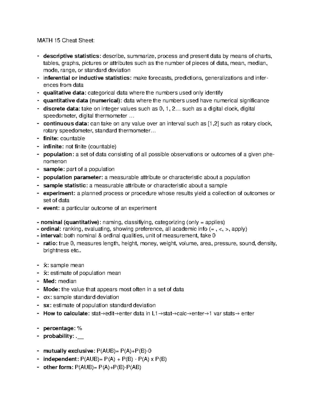 MATH 15 Study Guide - MATH 15 Cheat Sheet: descriptive statistics ...