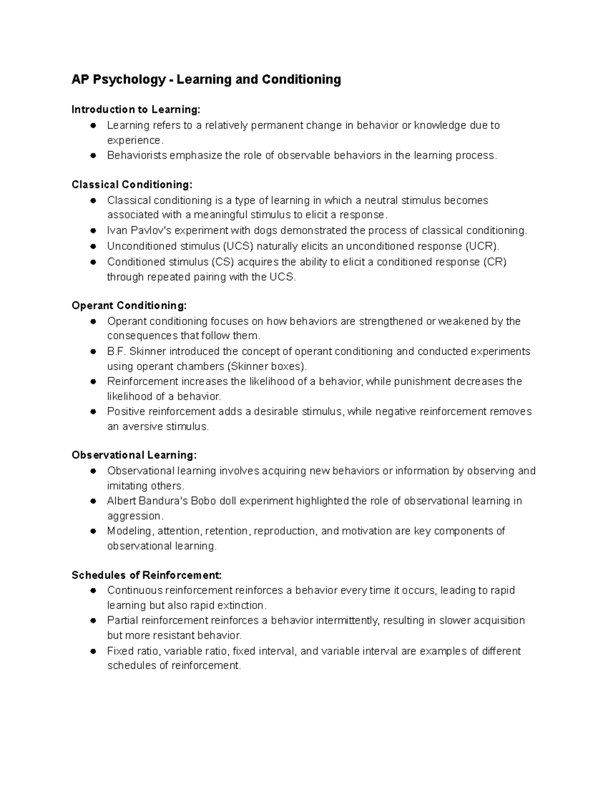 AP Psychology - Learning and Conditioning Notes - AP Psychology ...