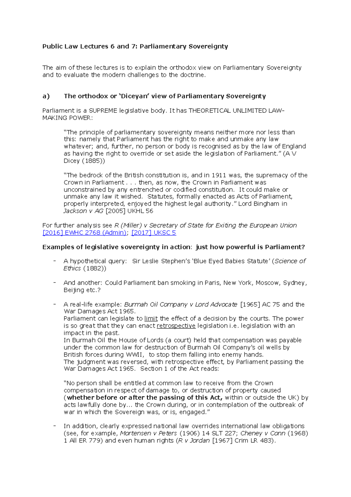 Lectures 6 and 7 Parliamentary Sovereignty Lecture Outline - Public Law ...